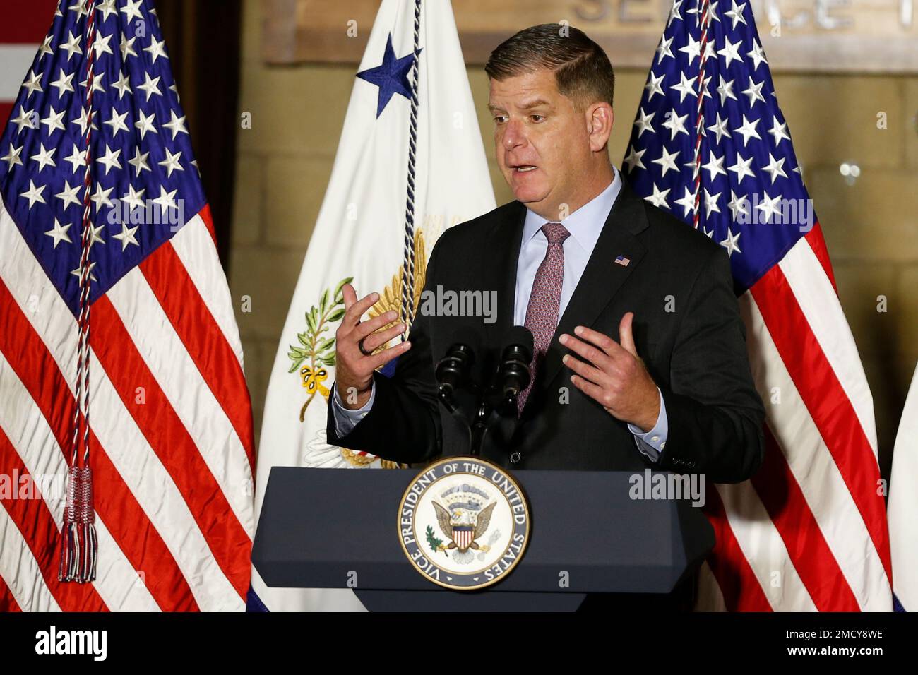Labor Secretary Marty Walsh speaks during an event at the Plumbers and ...
