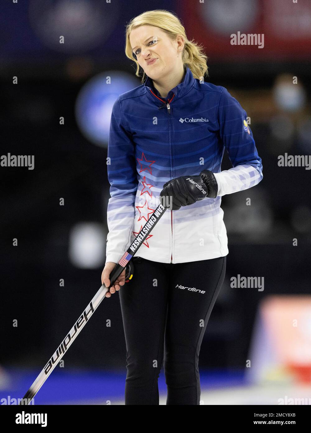 Team Christensen's Cory Christensen reacts to the placement of the rock ...