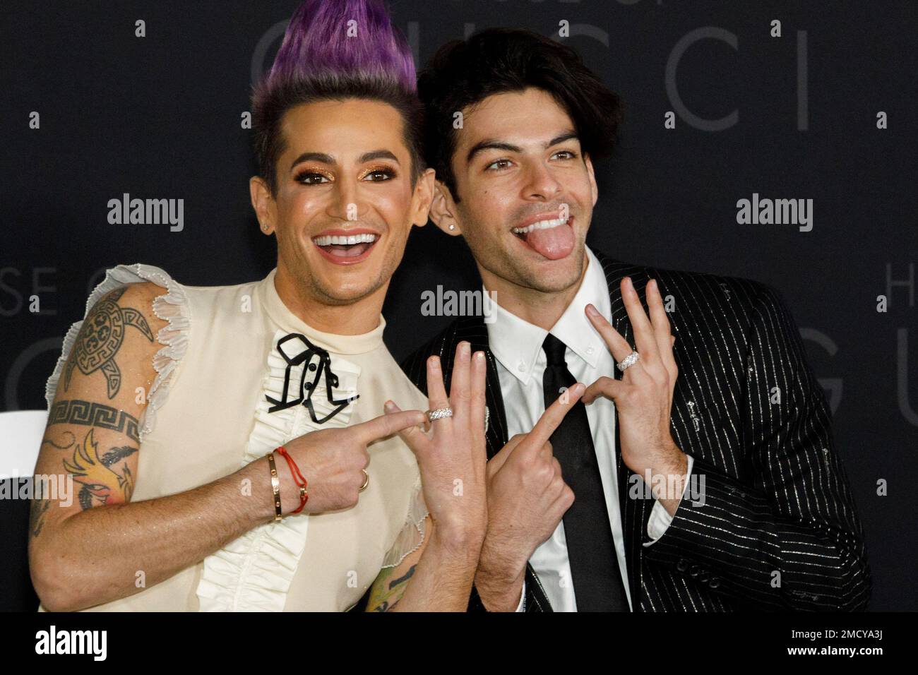 Frankie Grande, left, and fiance Hale Leon show their engagement rings ...