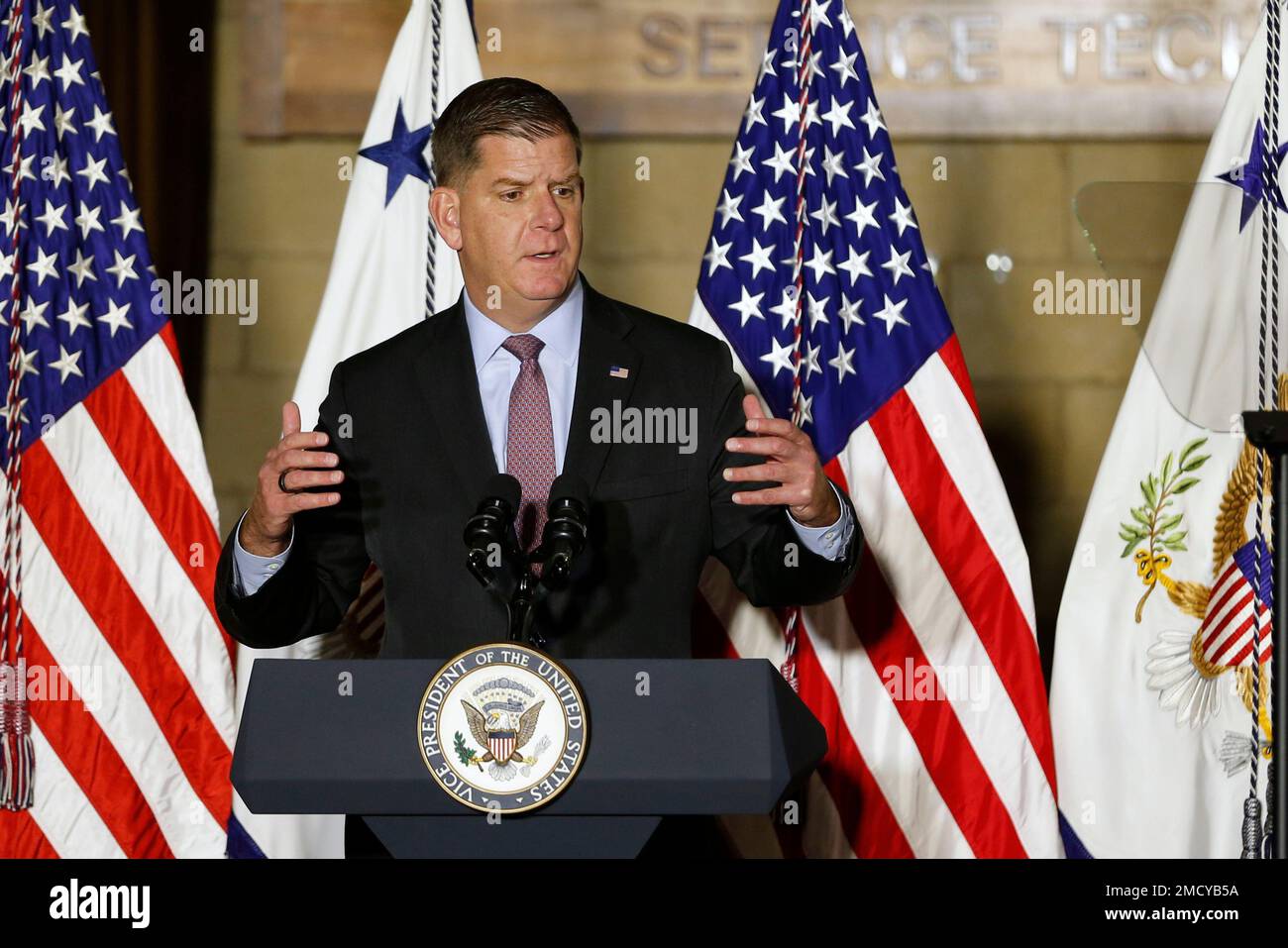 Labor Secretary Marty Walsh speaks during an event at the Plumbers and ...