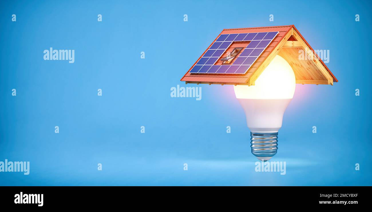 Solar energy ecological concept. Light bulb and roof with solar panels ...