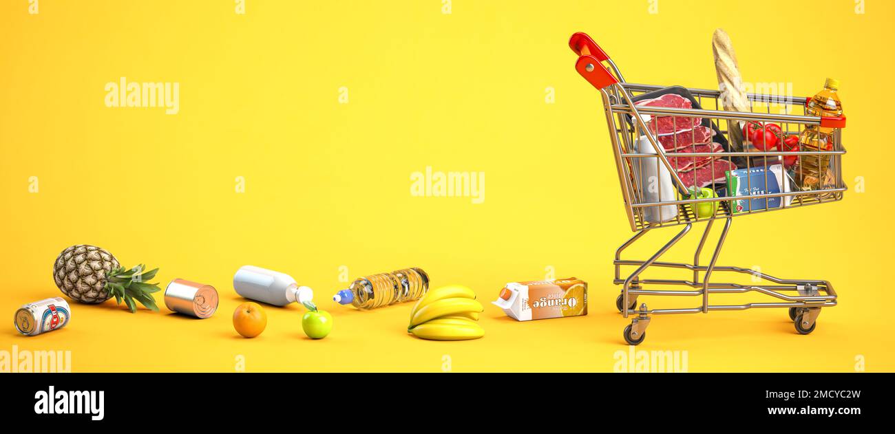 Grocery shopping cart with food with dropped products. Inflation ...