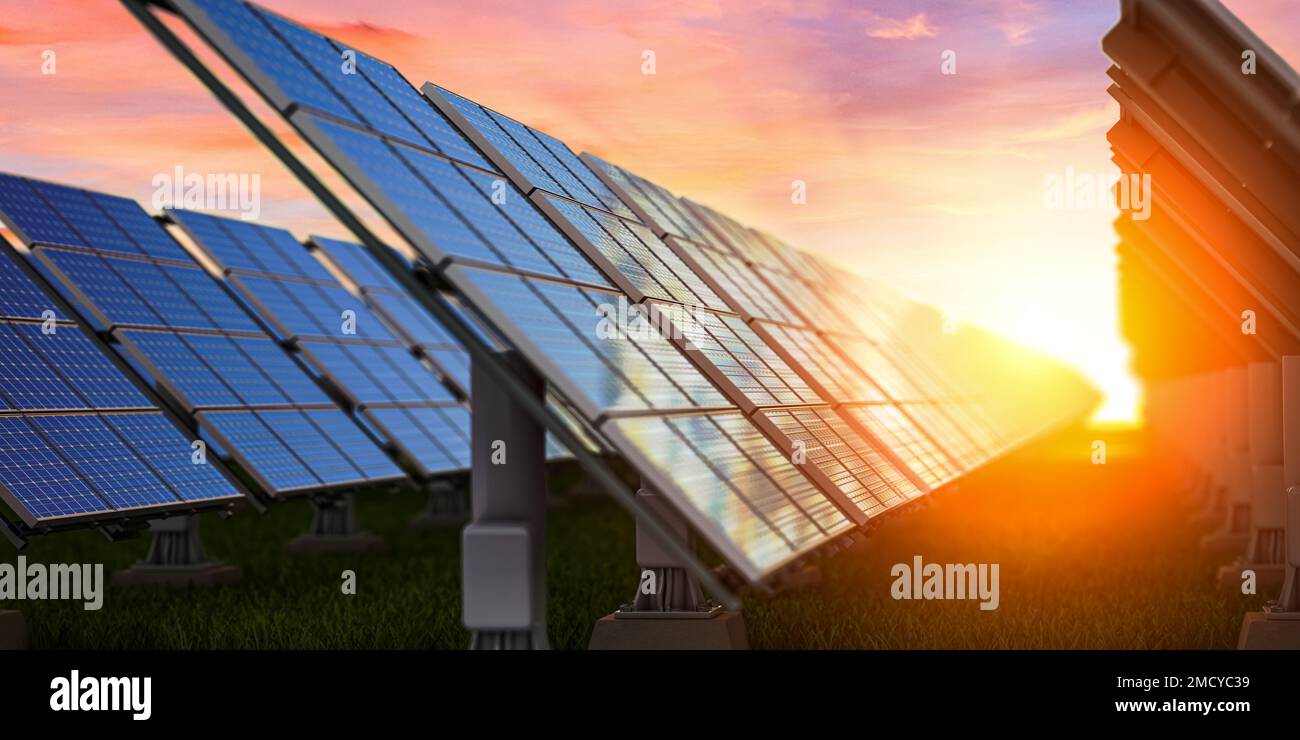 Solar panels, photovoltaics on evening sky background. 3d illustration ...
