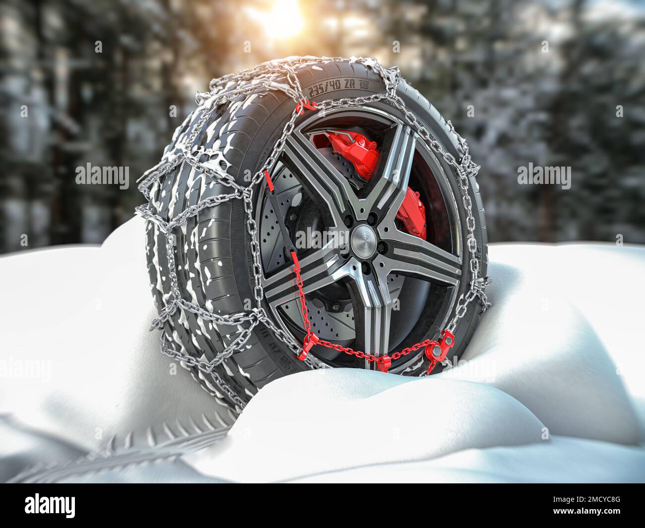 Car wheel with winter tire and snow chain in snow forest. 3d ...