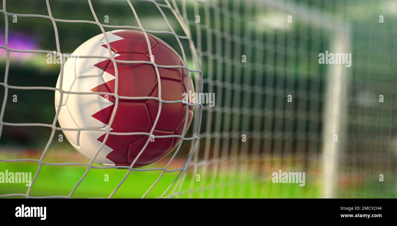Football ball with flag of Qatar in the net of goal of football stadium ...