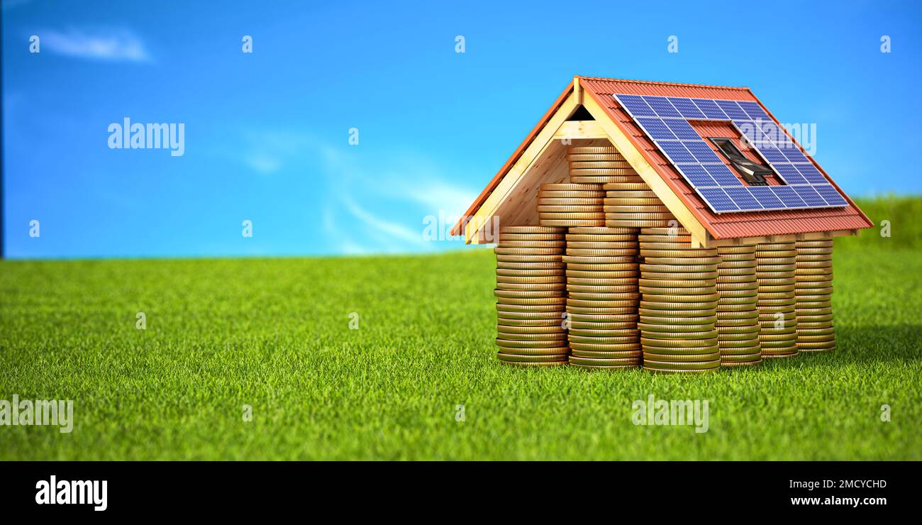 Stack of coins under the roof with solar panels. Money saved by using ...