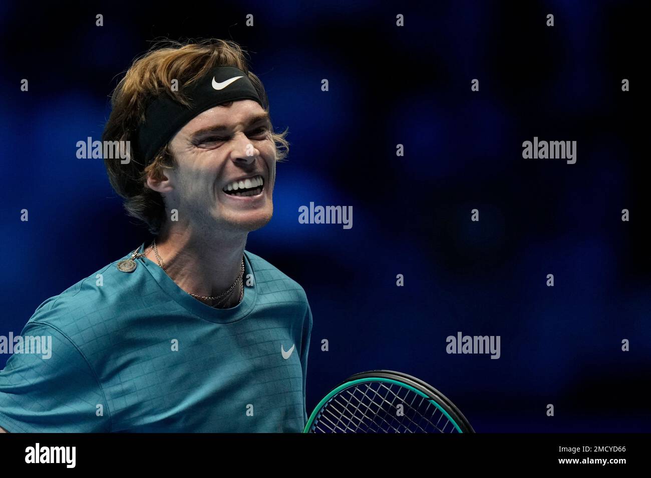 Russia's Andrey Rublev grimaces as he plays Norways' Casper Ruud during ...
