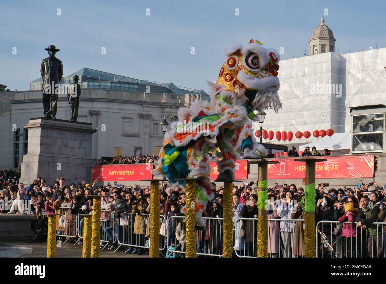 London, UK. 22nd January, 2023. A lion dance performed by the Chen brothers opens the Chinese ...