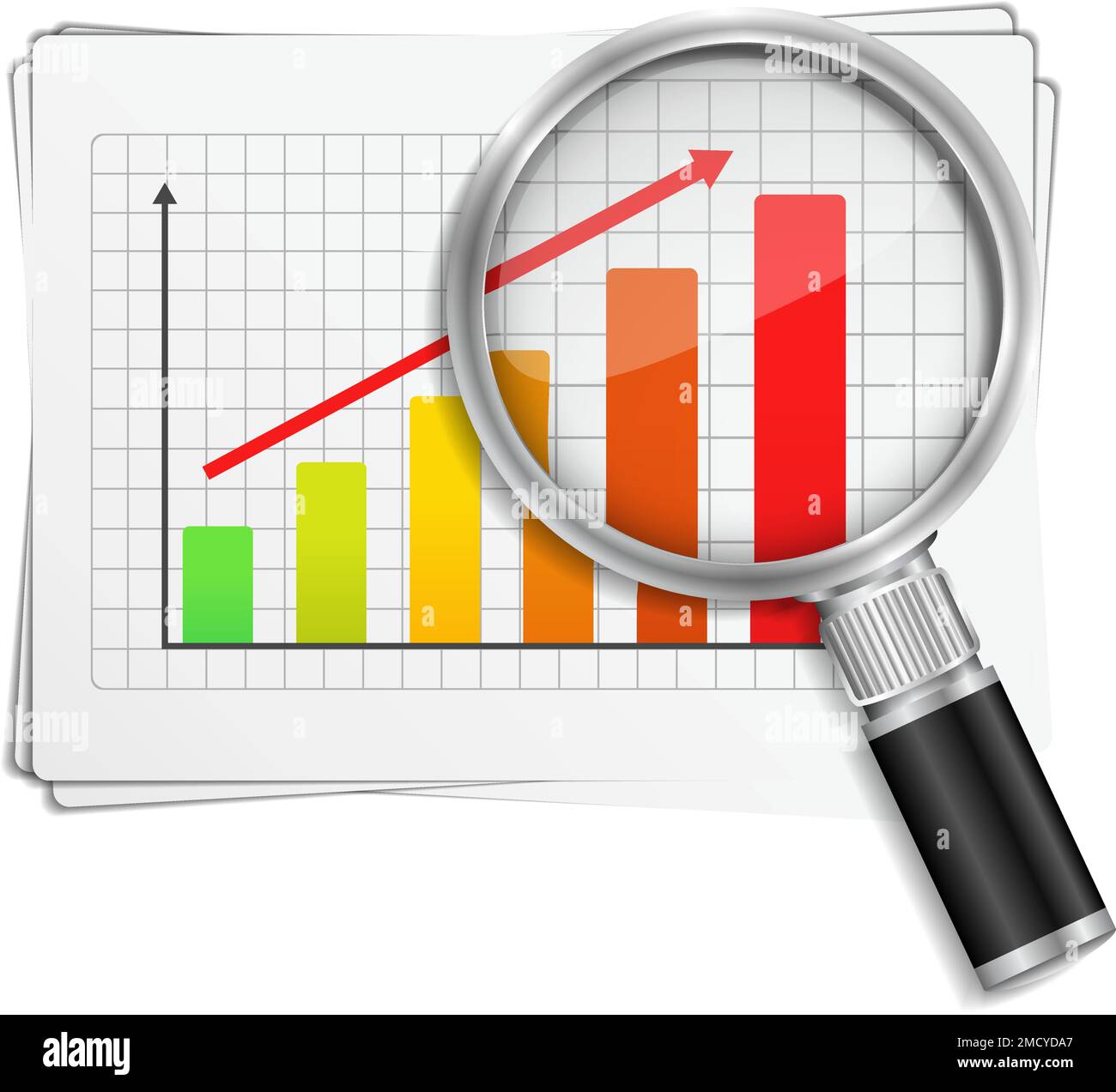 Magnifying glass showing rising bar graph, vector eps10 illustration ...