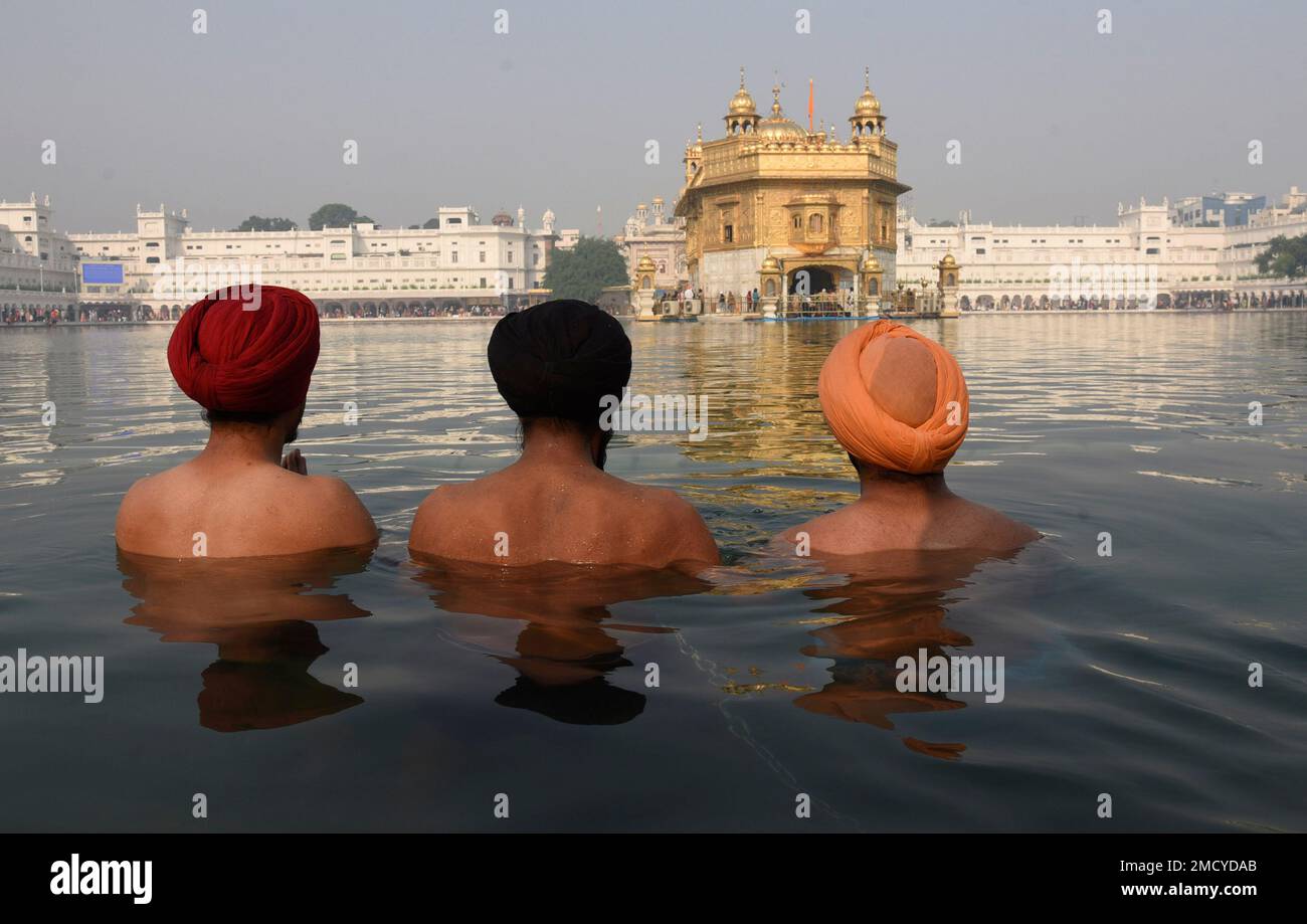 Sikh devotees take a holy dip in the waters of the Golden Temple to ...