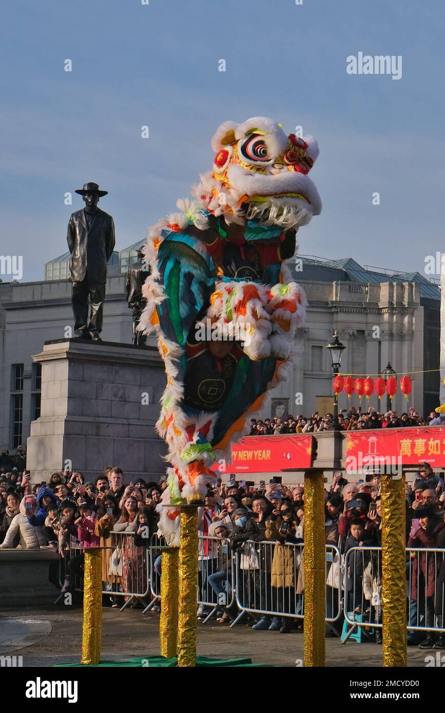 London, UK. 22nd January, 2023. A lion dance performed by the Chen brothers opens the Chinese ...