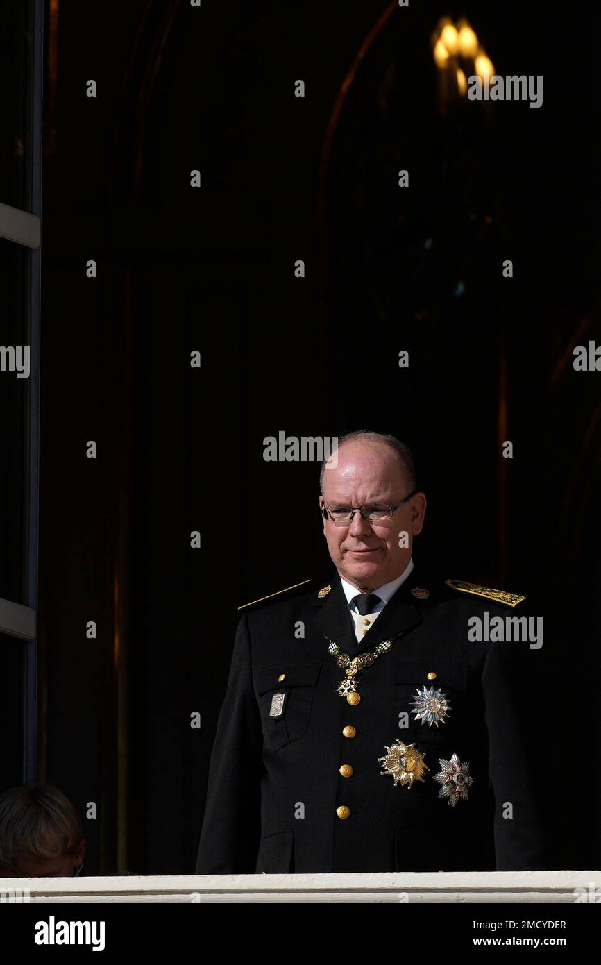 Prince Albert II of Monaco stands at the balcony of the Monaco Palace ...