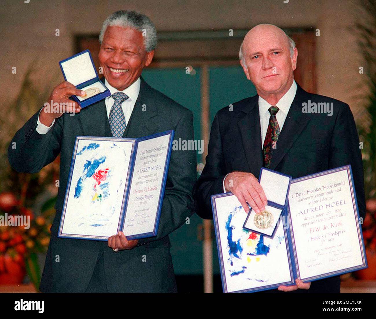 FILE - South African Deputy President F.W. de Klerk, right, and South African President Nelson ...