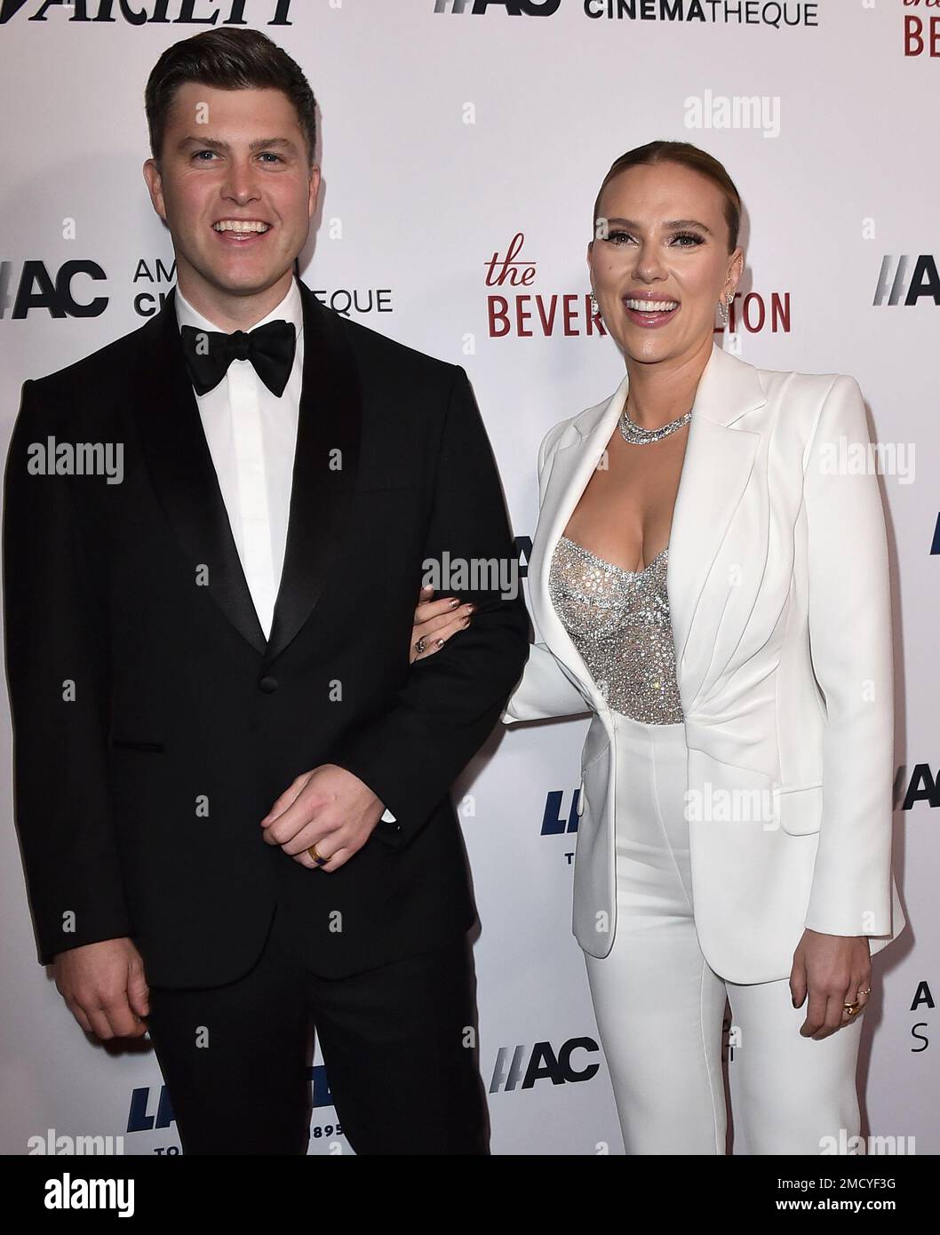 Colin Jost, left, and Scarlett Johansson arrive at the American ...