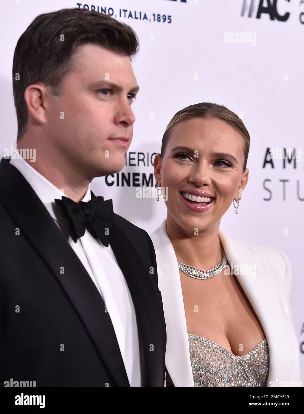 Colin Jost, left, and Scarlett Johansson arrive at the American ...