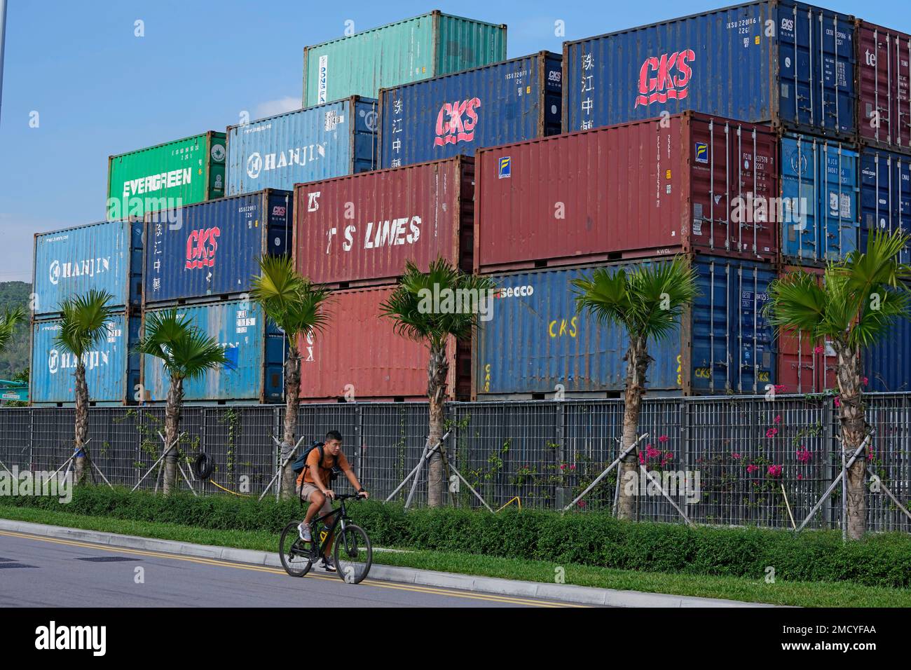 Shipping containers are seen at a port of container terminals in Hong ...