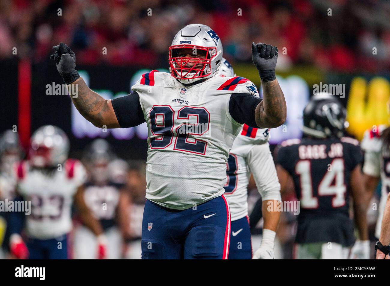 New England Patriots nose tackle Davon Godchaux (92) celebrates a sack ...