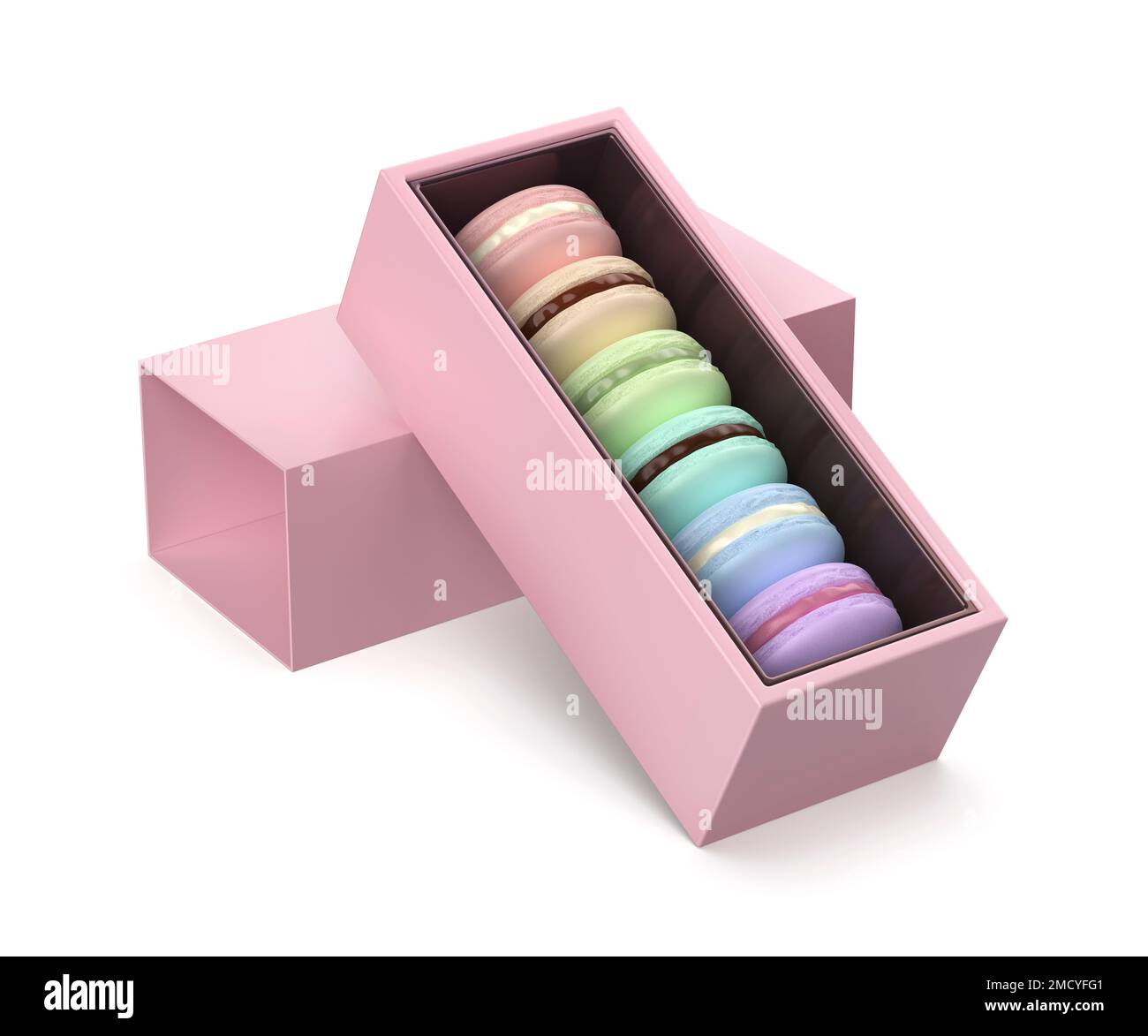Pink box with six different french macarons on white background Stock ...