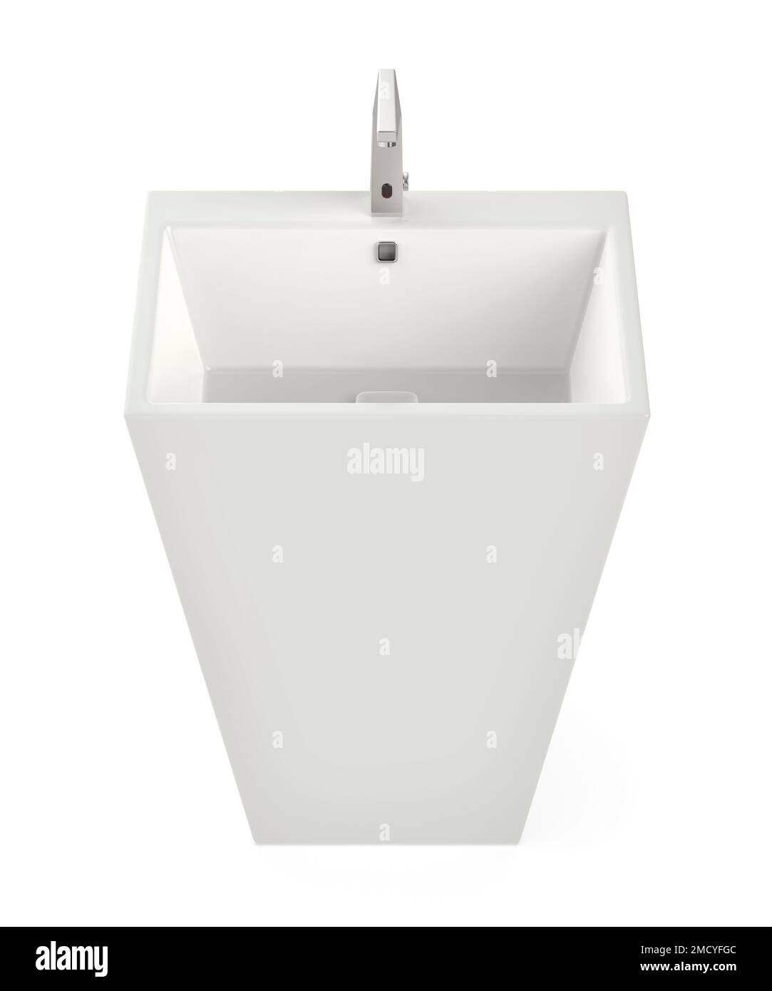 Floor-mounted wash basin with sensor faucet on white background, front ...