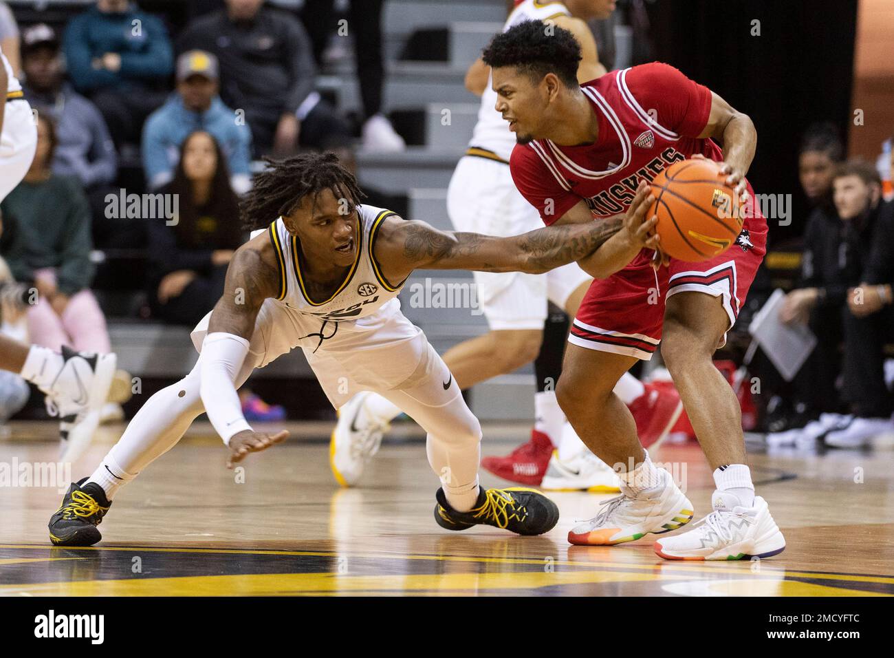 Northern Illinois' Noah Kon, right, pulls the ball away from Missouri's ...