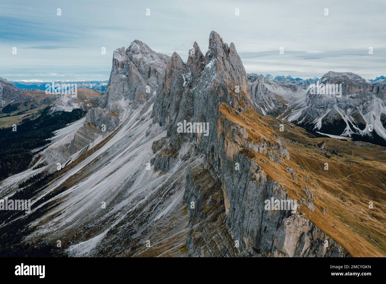 Dolomite mountain landscapes, Aerial view of Seceda with clouds in ...