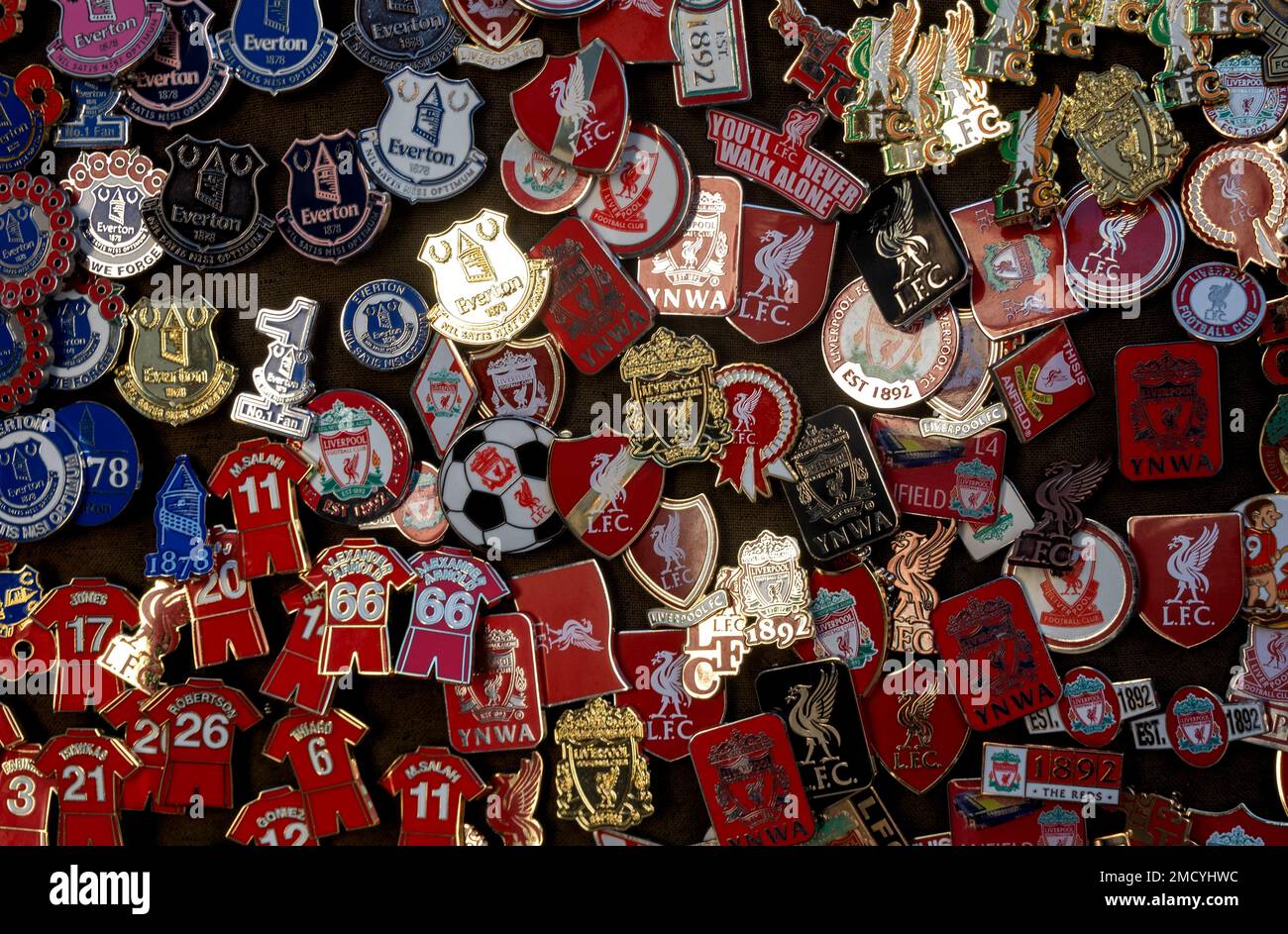Football fan pins at a street stand in Liverpool Stock Photo - Alamy