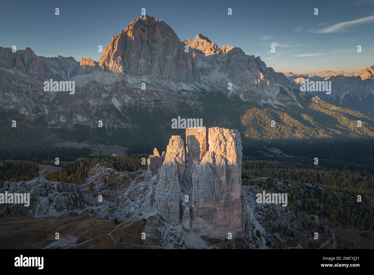 Dolomite mountain landscapes, Aerial view of Cinque Torri in Dolomite ...