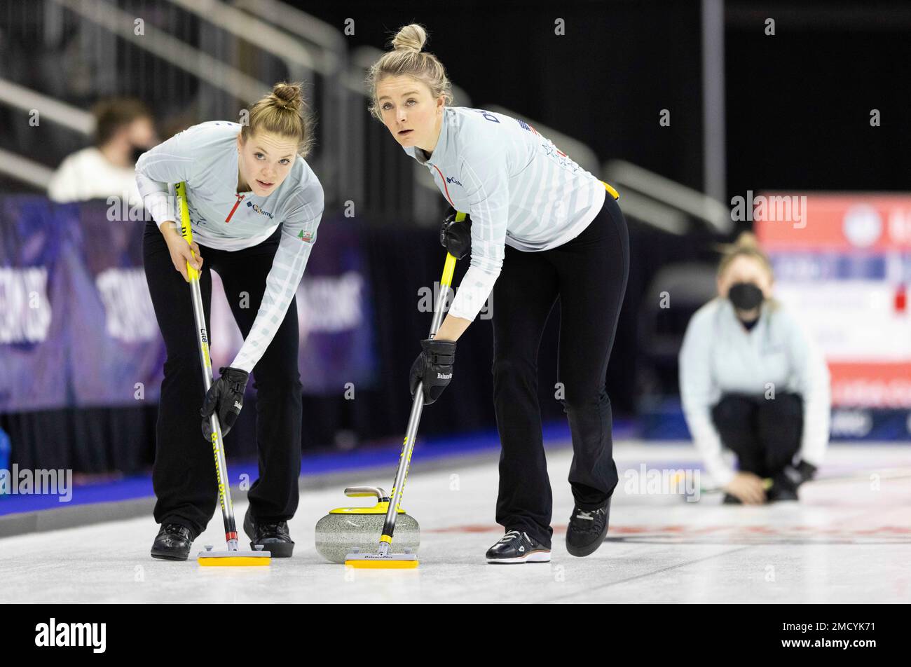 Team Bear's Allison Howell, left, and Taylor Drees sweep to curl the ...