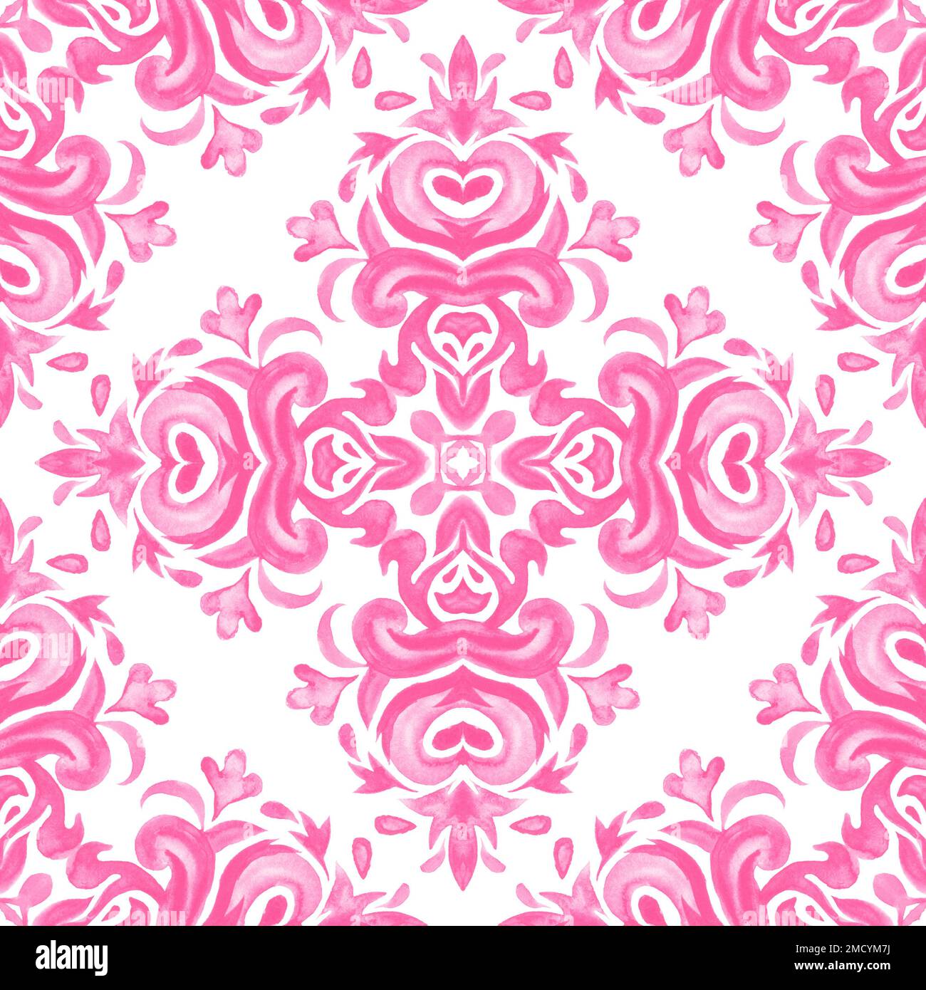 Cute valentines seamless pattern. Pink ornamental watercolor arabesque ...