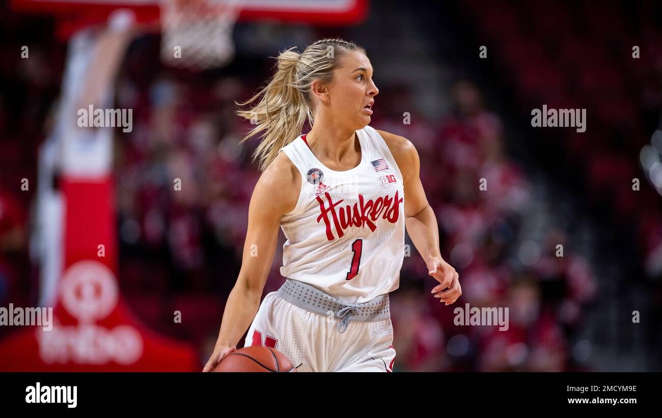 Nebraska guard Jaz Shelley (1) dribbles the ball down the court against ...
