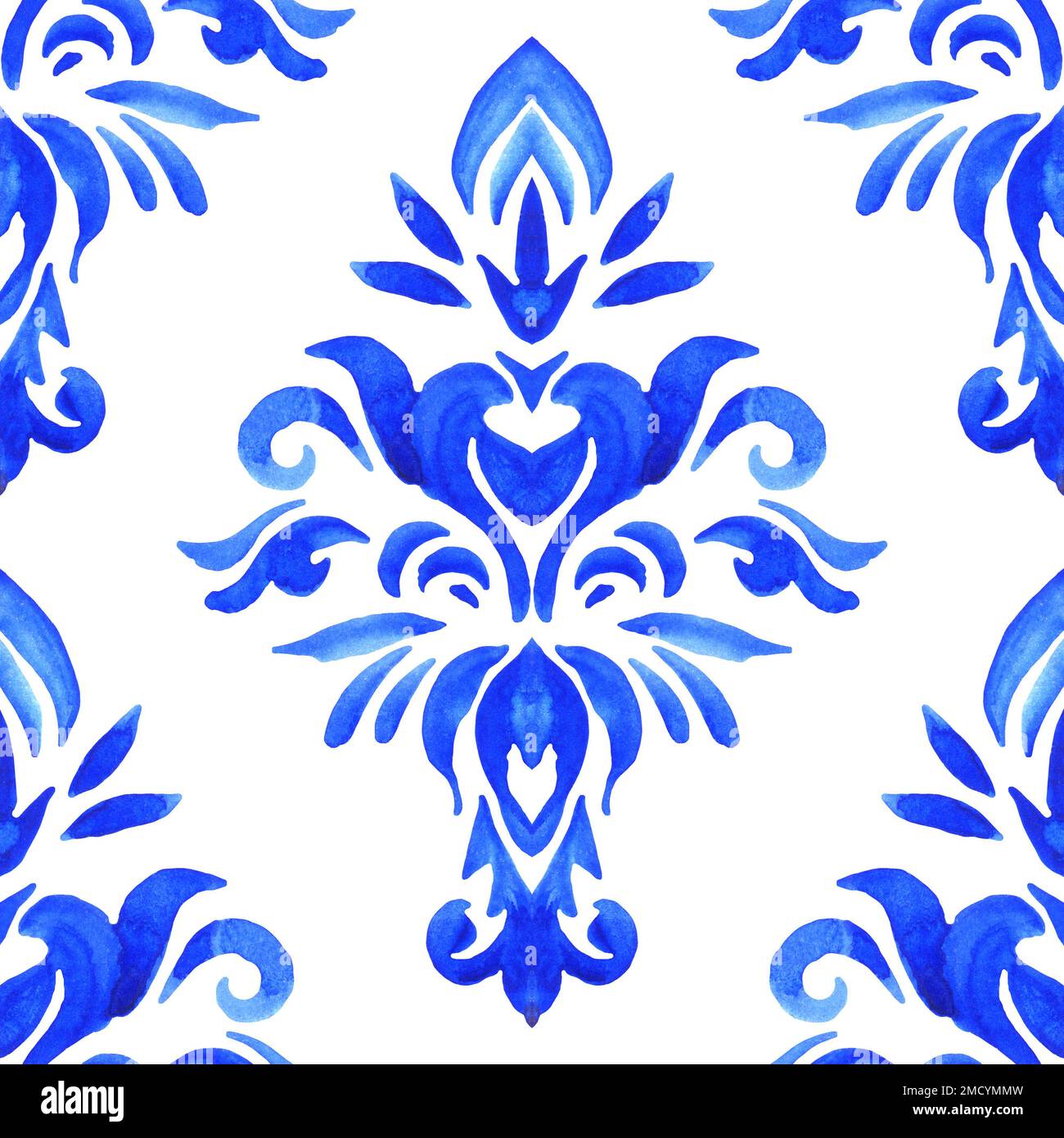 Abstract cobalt blue and white hand drawn damask flower tile seamless ...