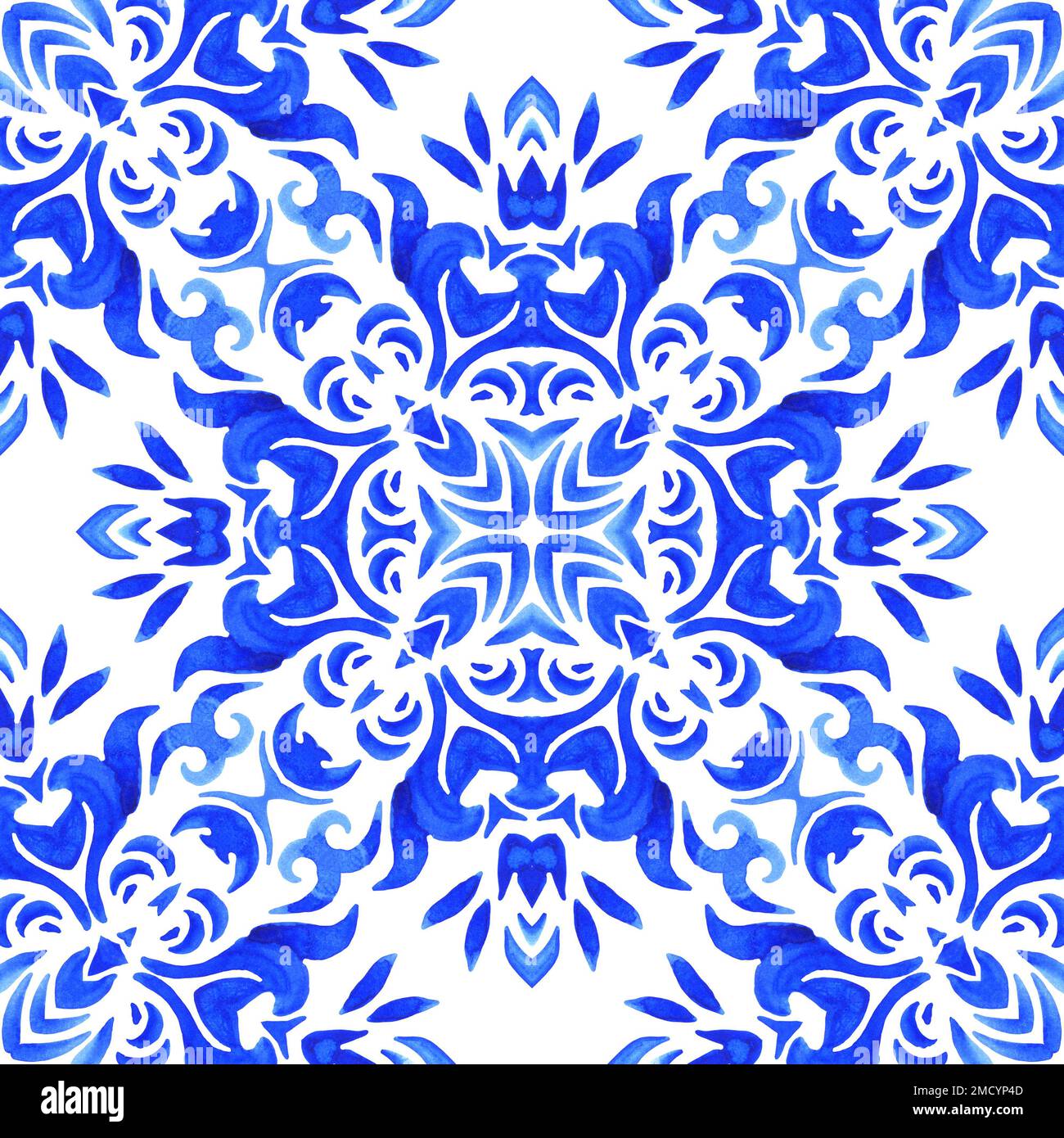 Watercolor blue damask hand drawn ceramic tile design. Seamless pattern ...
