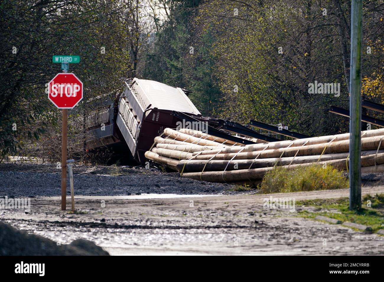 Railroad cars derailed by flooding sit near damaged tracks at a BNSF ...