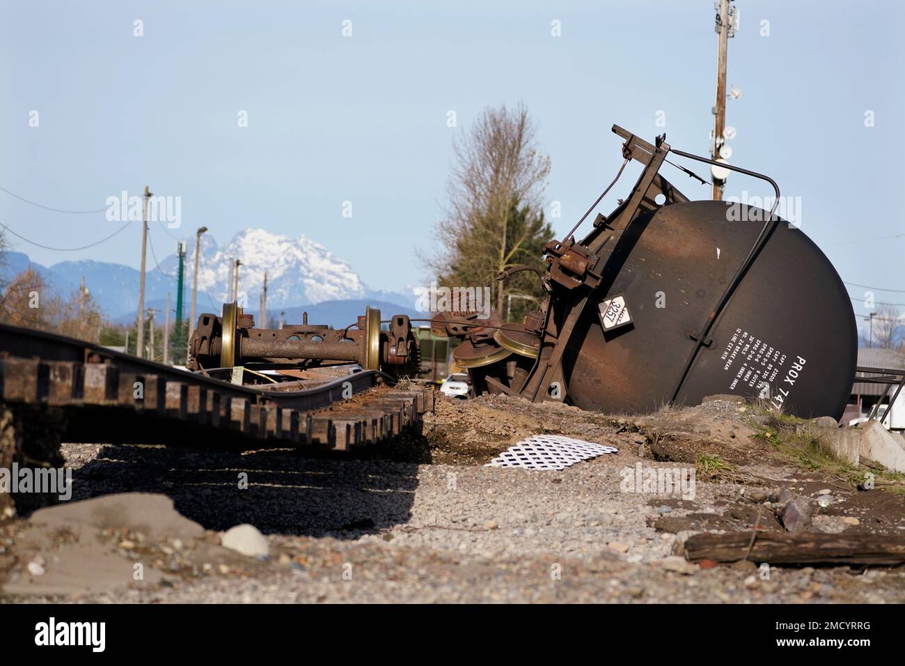 Railroad cars derailed by flooding sit near damaged tracks at a BNSF ...