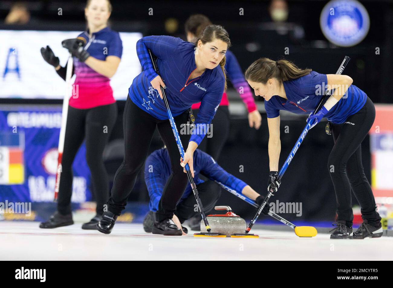 Team Peterson's Becca Hamilton, left, and Tara Peterson sweep to curl ...