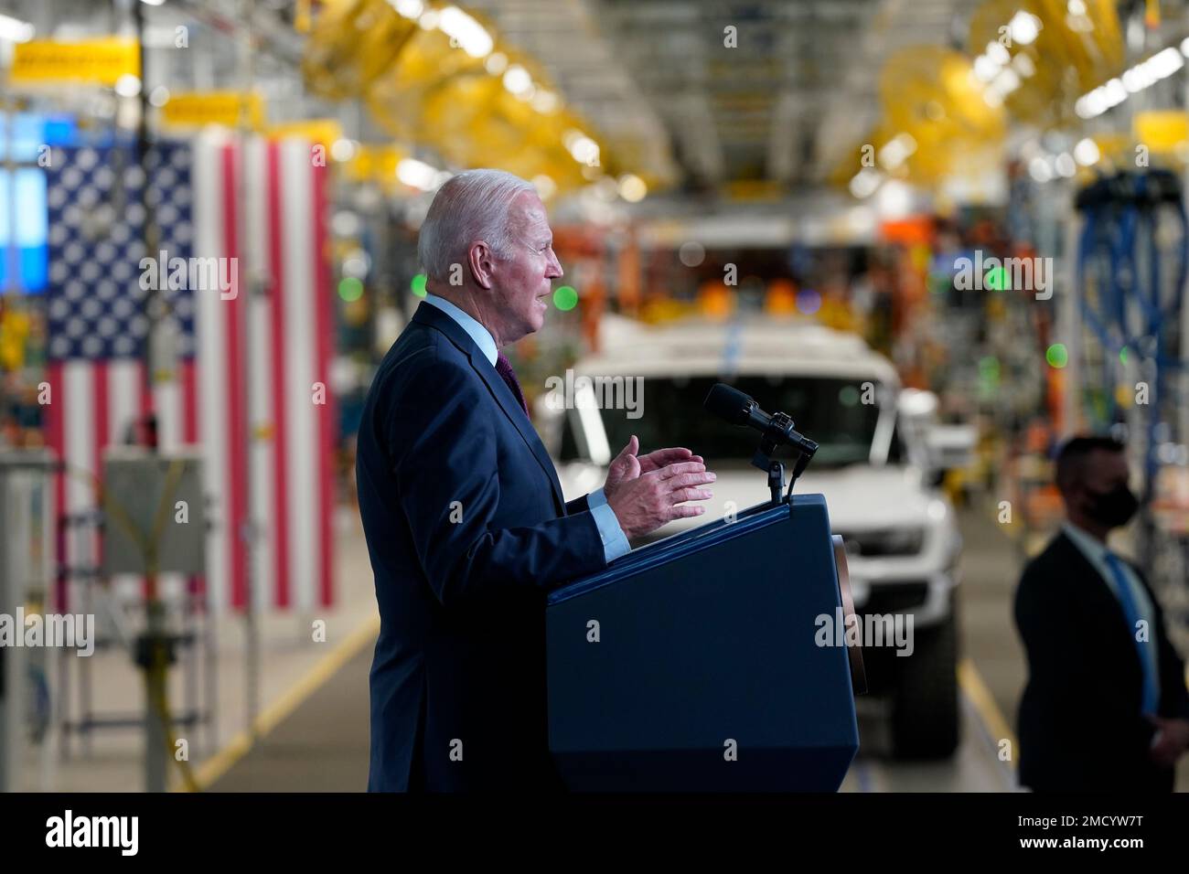 President Joe Biden speaks during a visit to the General Motors Factory ...