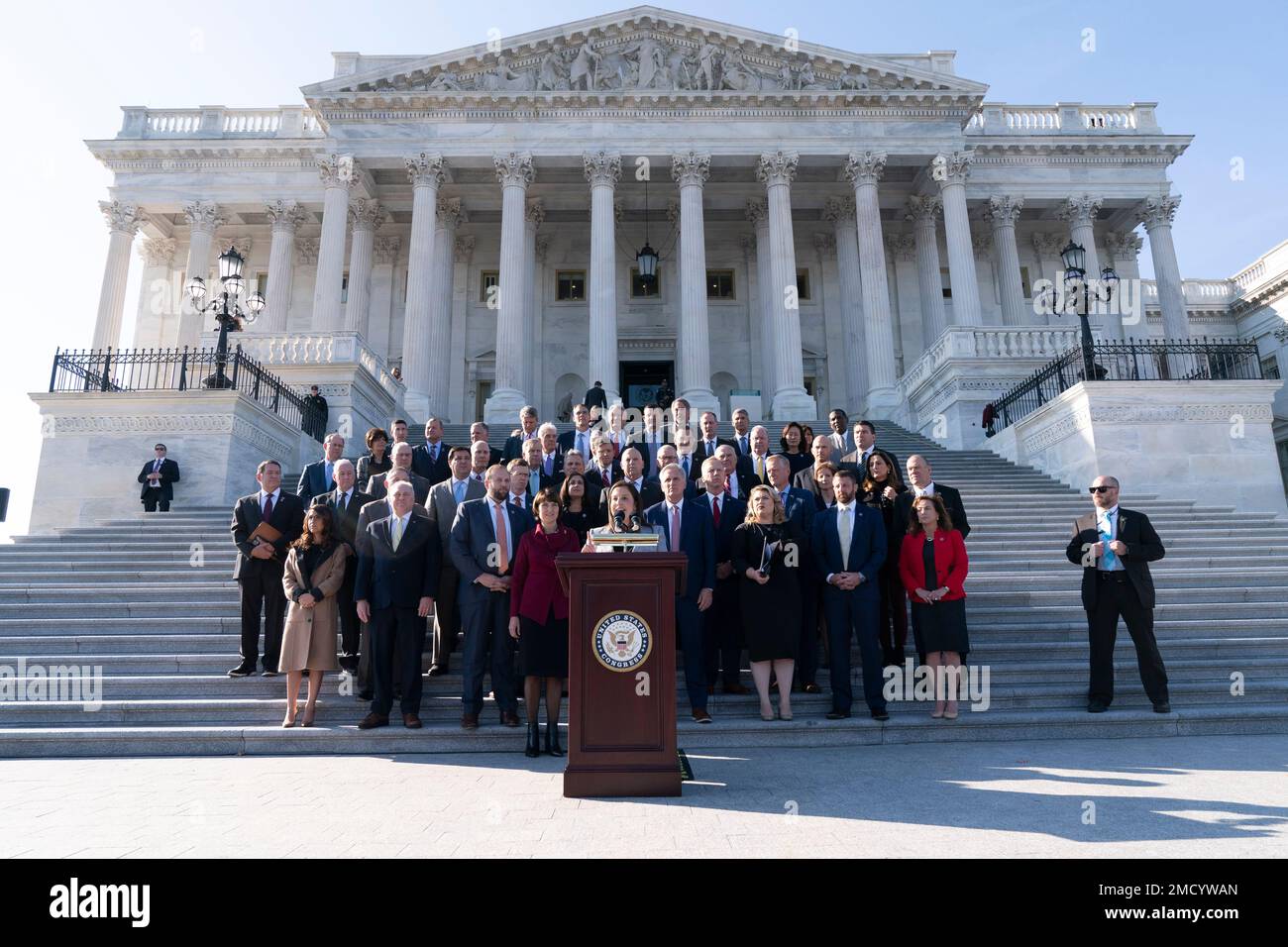 Rep. Elise Stefanik, R-N.Y., center, speaks to the media with other ...