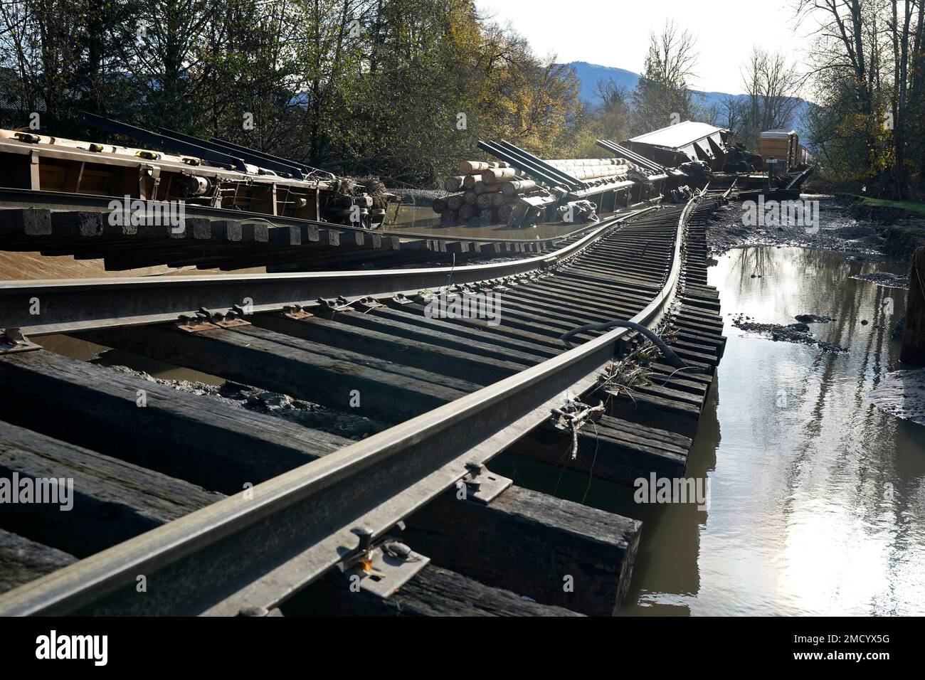 Derailed railroad cars sit near flood-damaged tracks at a BNSF rail ...