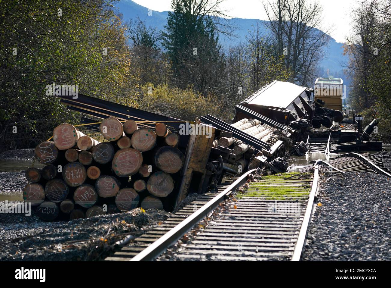 Derailed railroad cars sit near flood-damaged tracks at a BNSF rail ...