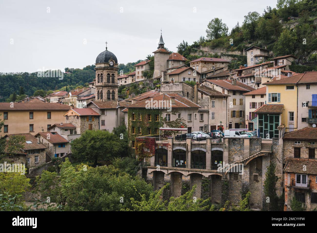 Close up view of historic colorful buildings along the cliff in Pont-en ...