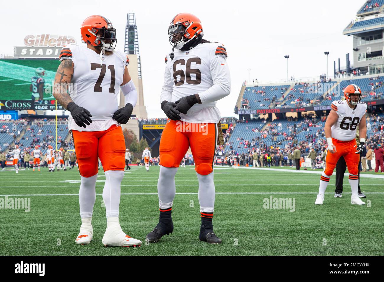 Cleveland Browns offensive tackle James Hudson (66) talks with ...