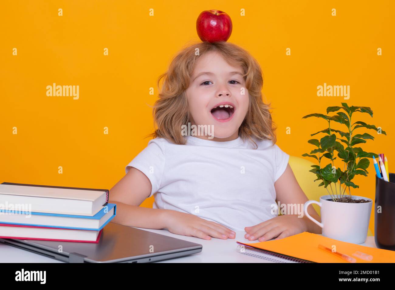 Excited pupil. Funny pupil with apple an head. Nerd pupil boy from ...