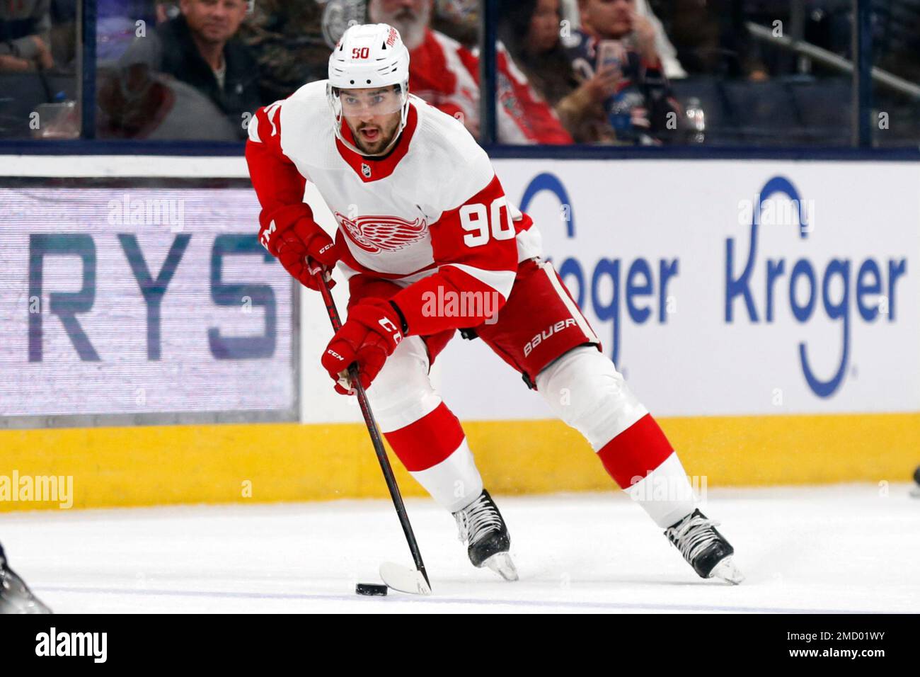 Detroit Red Wings forward Joe Veleno controls the puck during an NHL ...