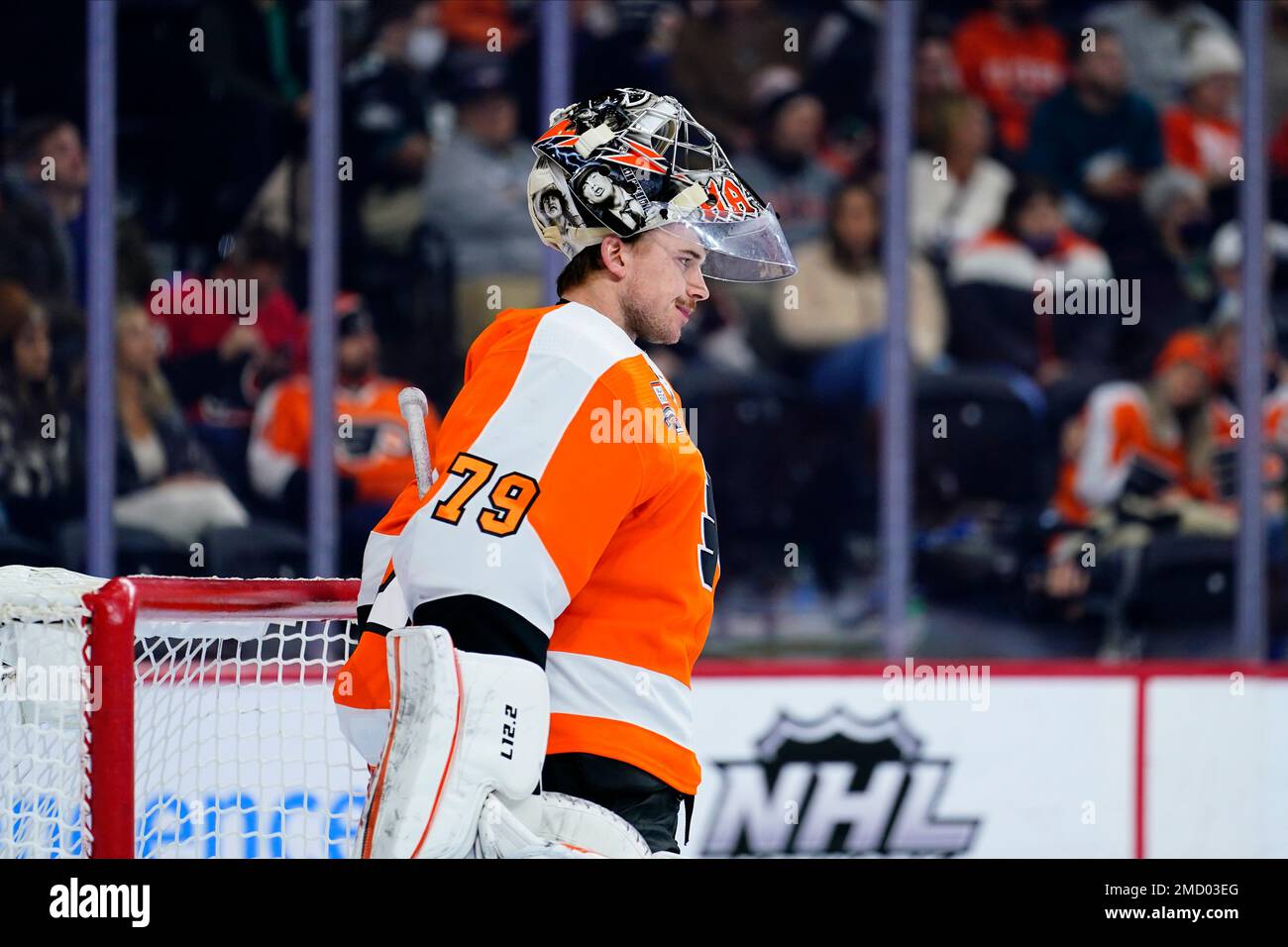 Philadelphia Flyers' Carter Hart plays during an NHL hockey game ...