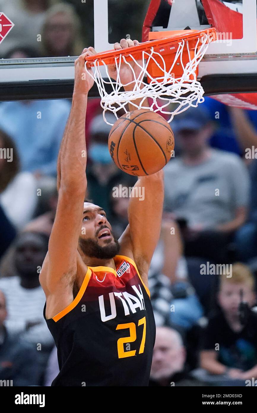 Utah Jazz center Rudy Gobert dunks against the Philadelphia 76ers ...