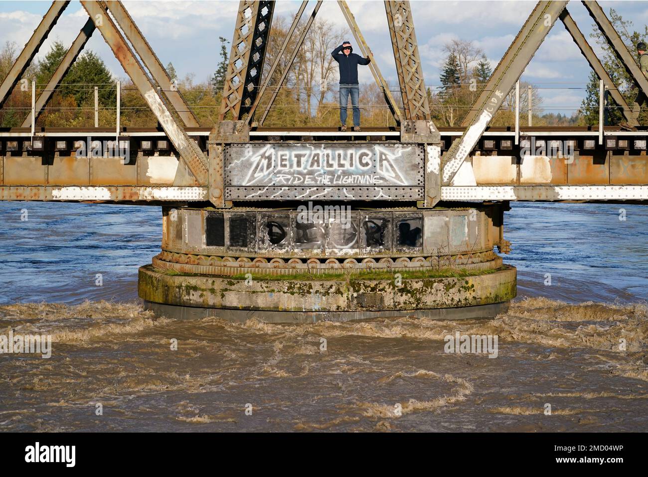 A pedestrian on a railroad bridge looks across at another bridge over ...