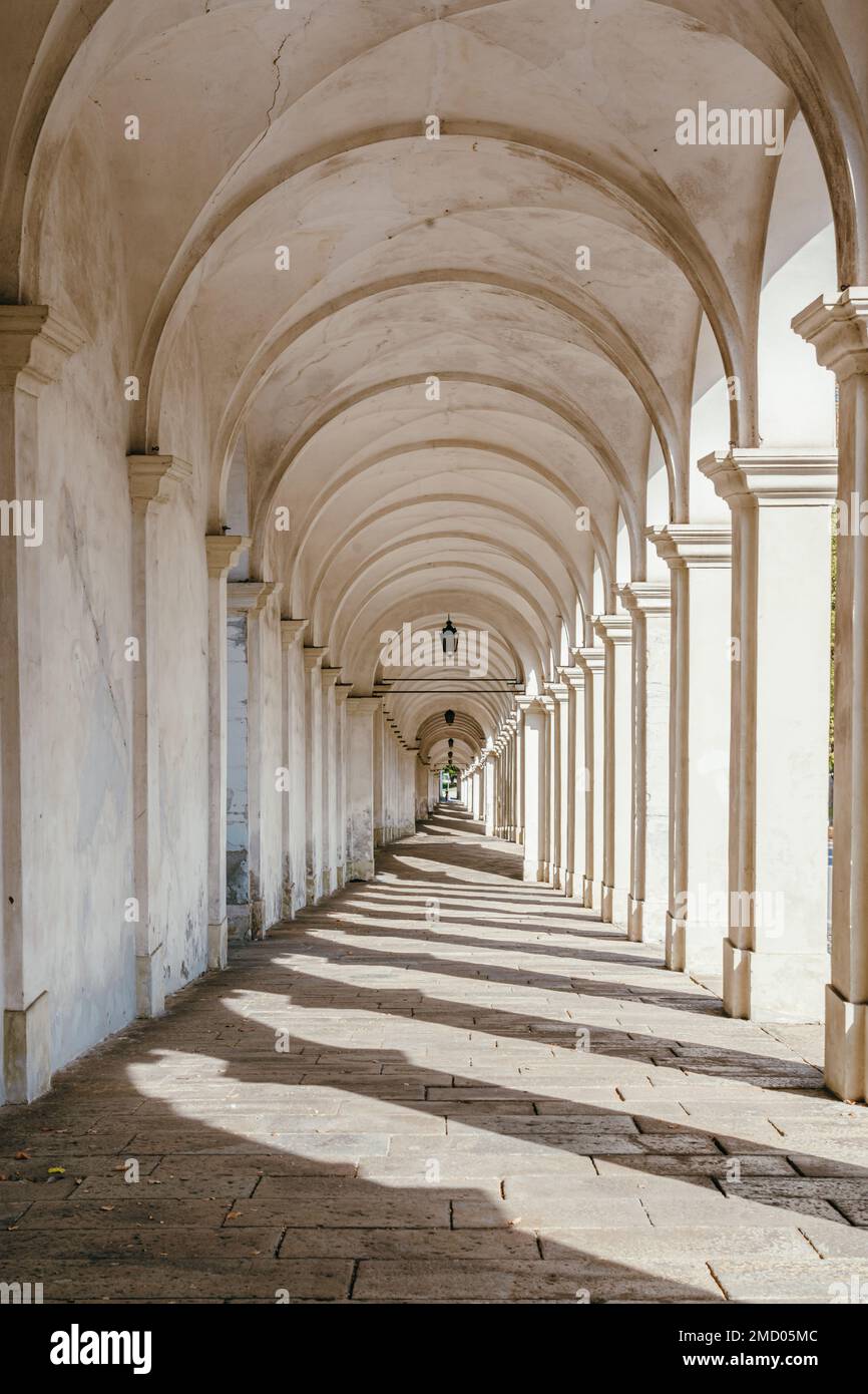 Historic buildings, Marble corridor in sunlight, Arcades of Mount ...