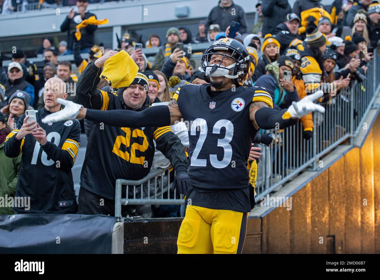 Pittsburgh Steelers cornerback Joe Haden (23) takes the field before an ...