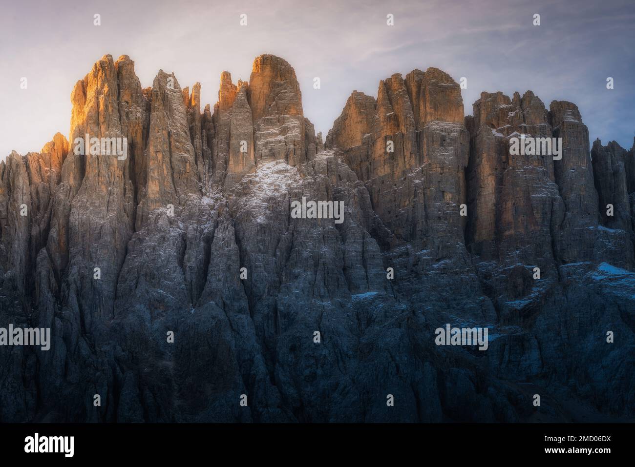Close up view of the Dolomite mountain peak at sunset, Dolomite Alps in ...