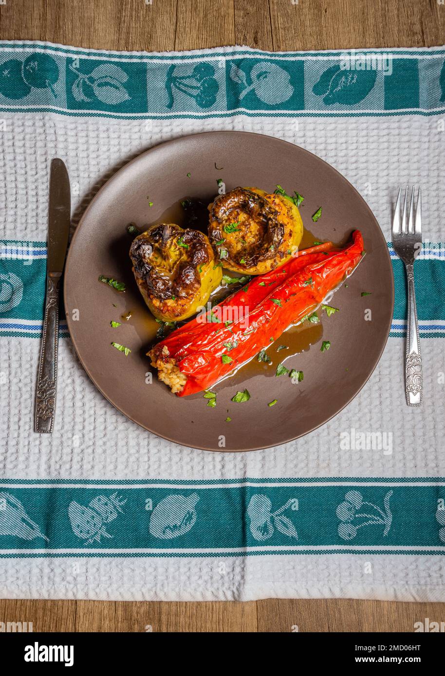 Greek traditional gemista, stuffed peppers with meat and rice Stock ...